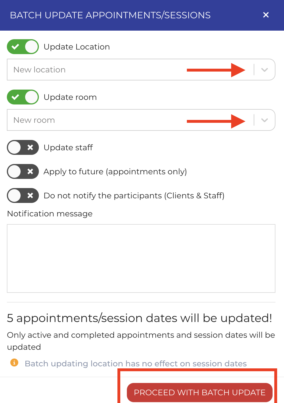 How do I batch update the location/room of multiple appointments and sessions?